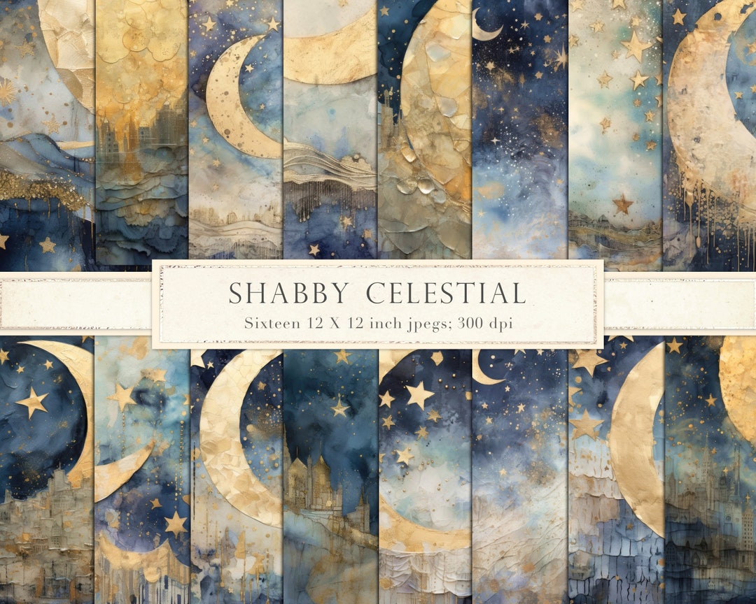 Celestial Digital Paper, Shabby, Moon, Stars, Night Sky, Scrapbook ...
