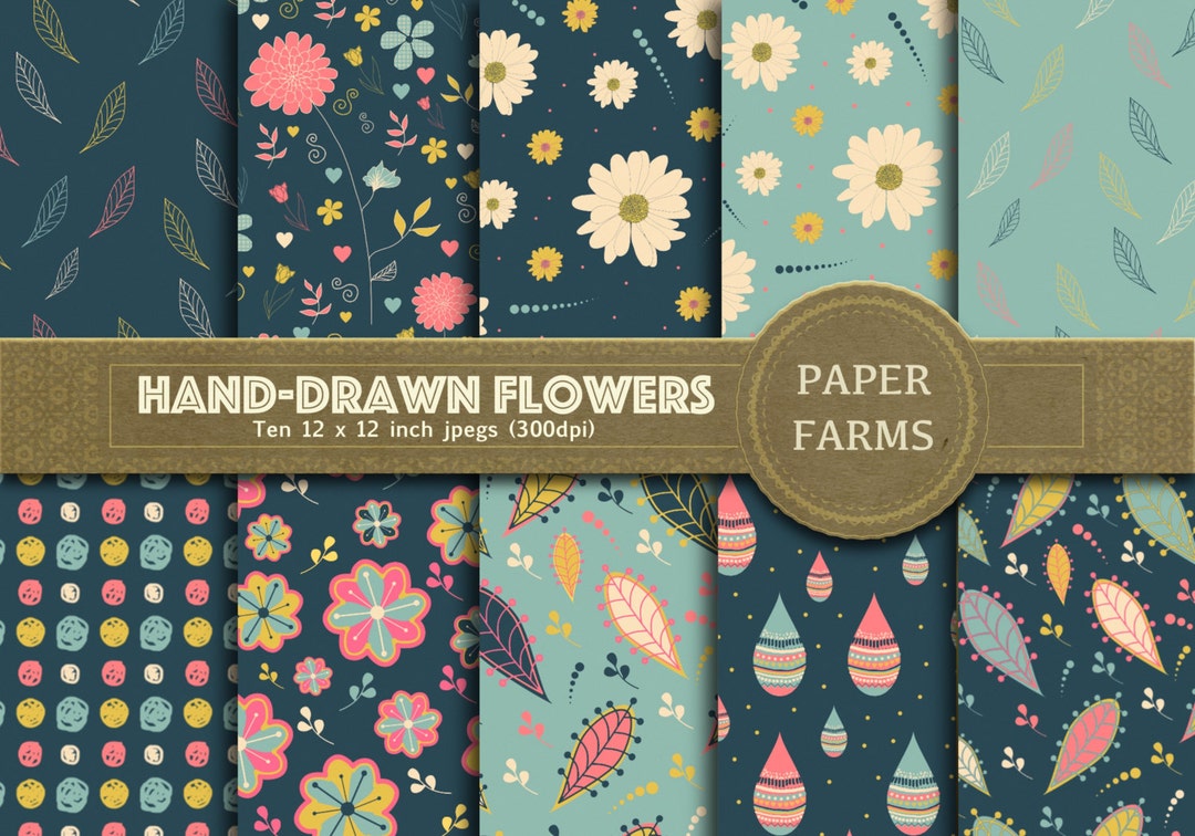 Spring Flowers, Hand-drawn Digital Paper, Hand-drawn Flowers, Flower ...