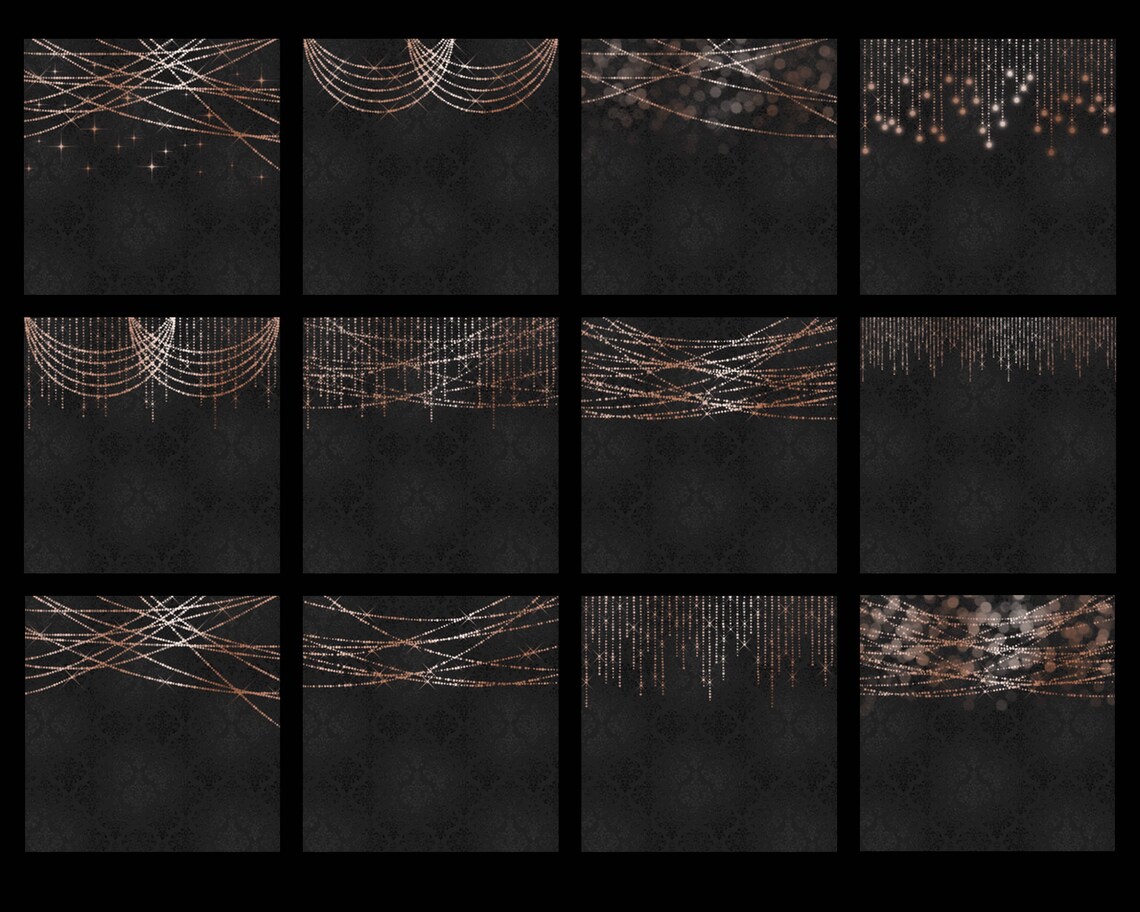 Rose Gold Lights Digital Paper, Black Damask Background, Rose Gold ...
