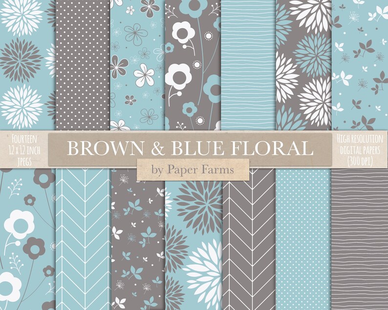 Brown and Blue, Digital Paper, Scrapbook Paper, Spring, Summer, Flowers ...
