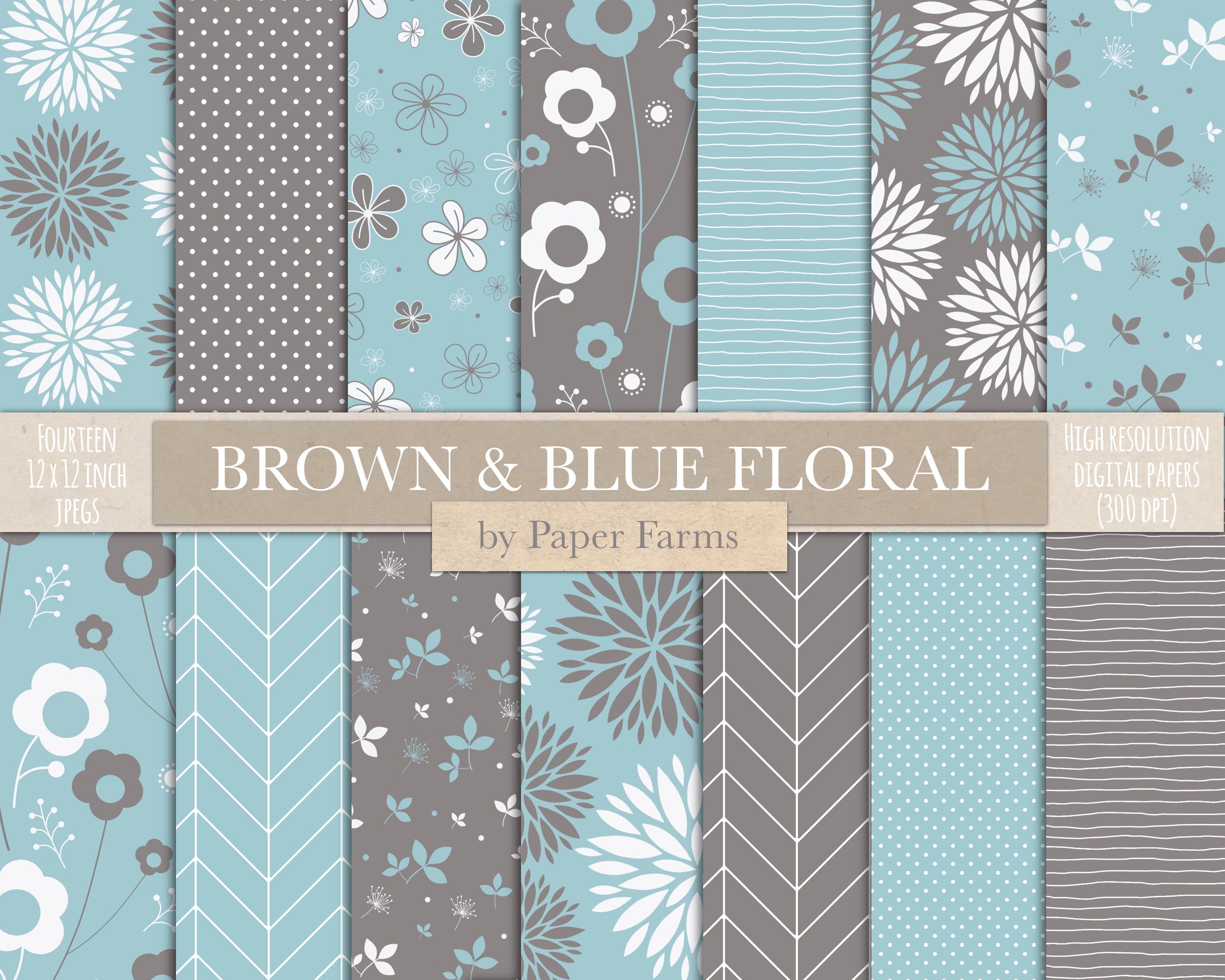 Brown and Blue Digital Paper Scrapbook Paper Spring | Etsy
