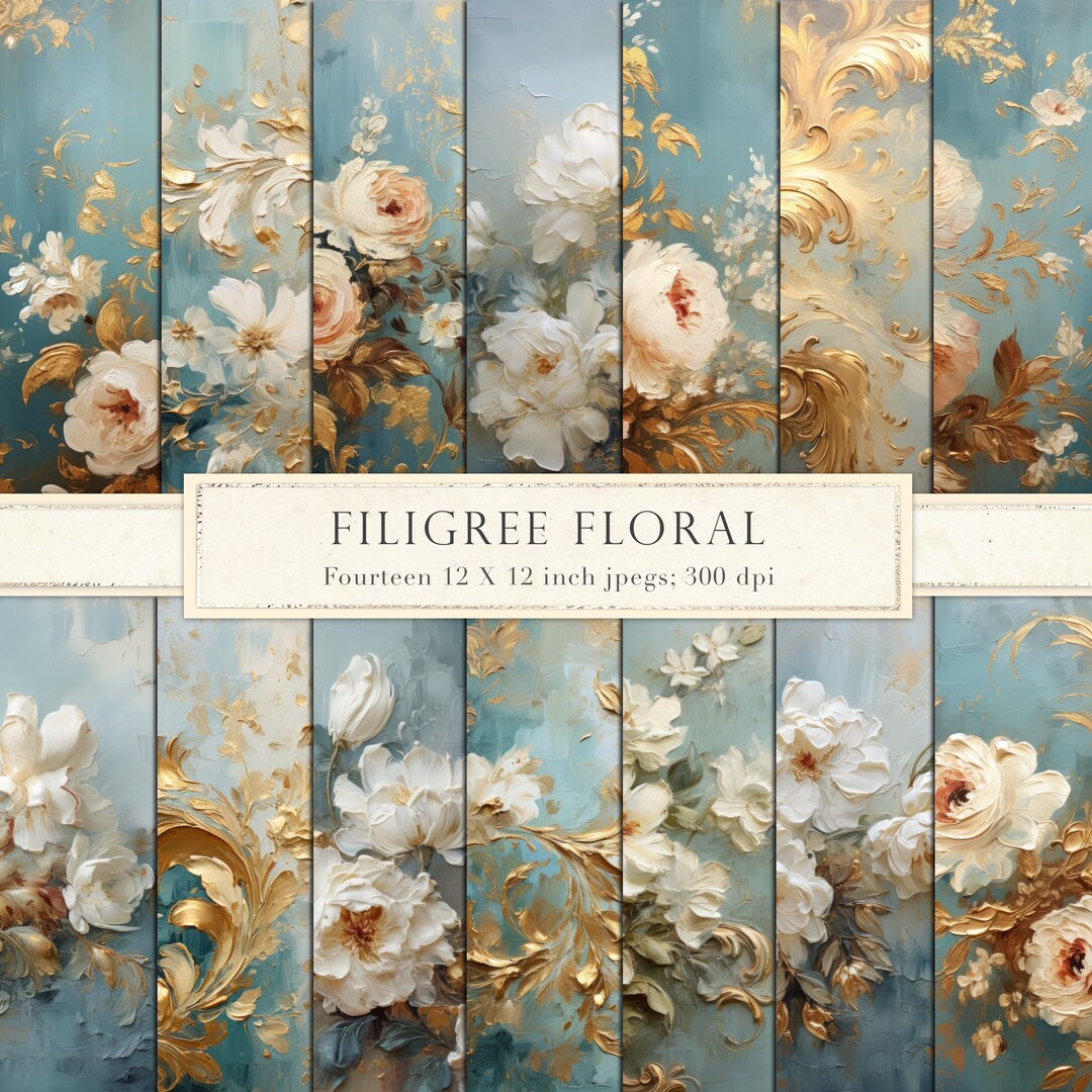 Filigree Floral Digital Paper, Gold Filigree, Romance, Shabby French ...