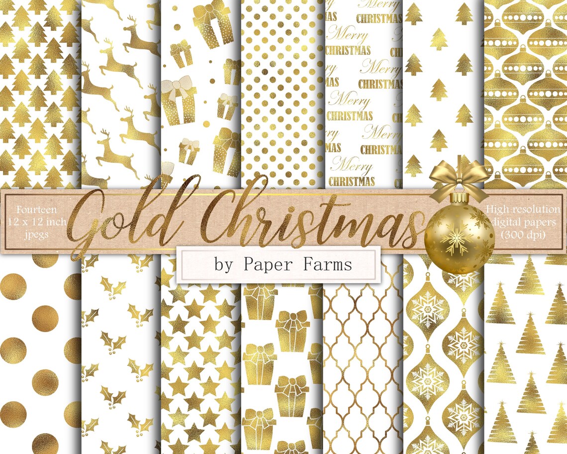 Gold Christmas Digital Paper Gold White White Gold - Etsy