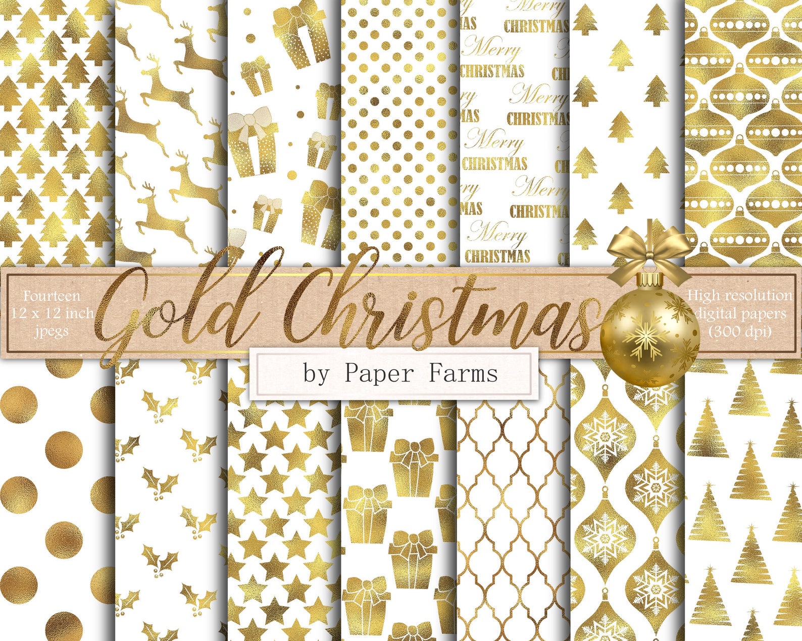 Gold Christmas Digital Paper Gold White White Gold - Etsy