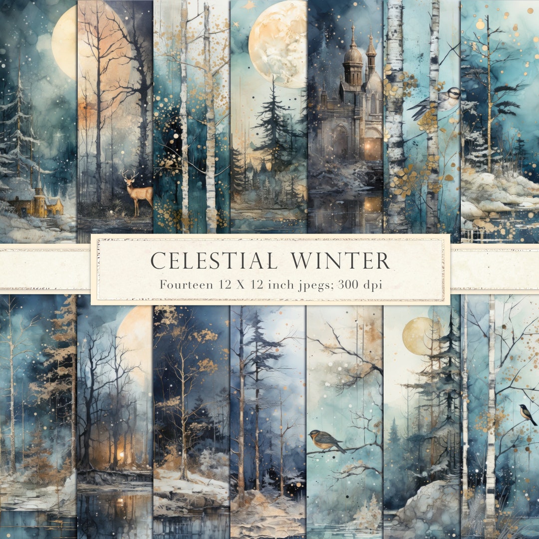 Celestial Winter Digital Paper, Whimsical Winter, Digital Paper ...
