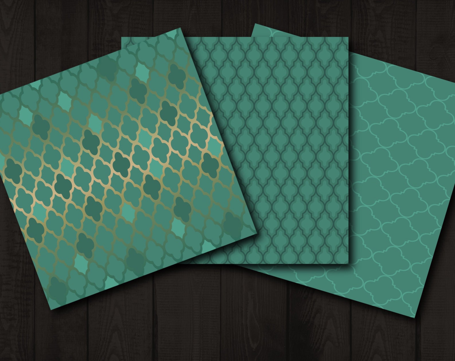 Teal Quatrefoil Digital Paper, Metallic, Teal, Green Quatrefoil ...