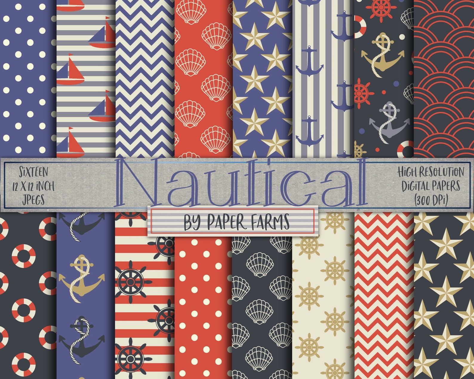 Nautical Maritime Digital Paper Scrapbook Paper Navy Red | Etsy