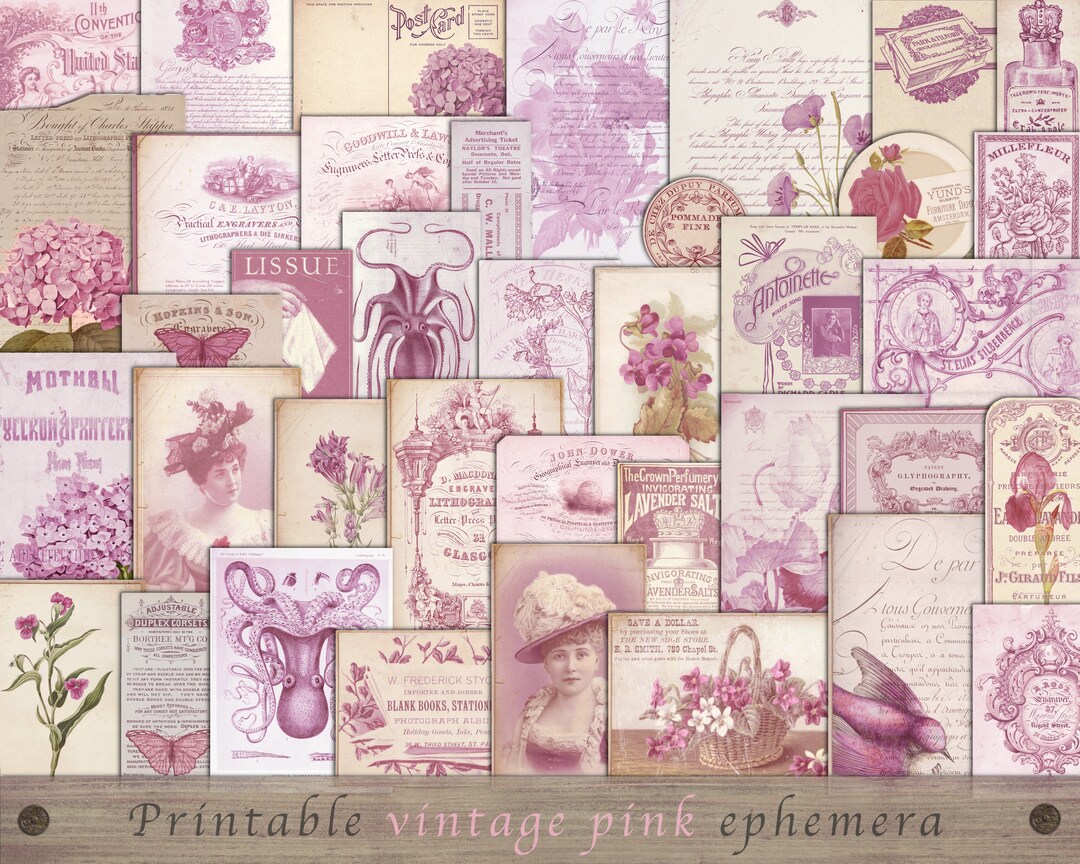 Pink Junk Journal Kit, Pink Ephemera, Vintage, Pink, Collage Sheets ...