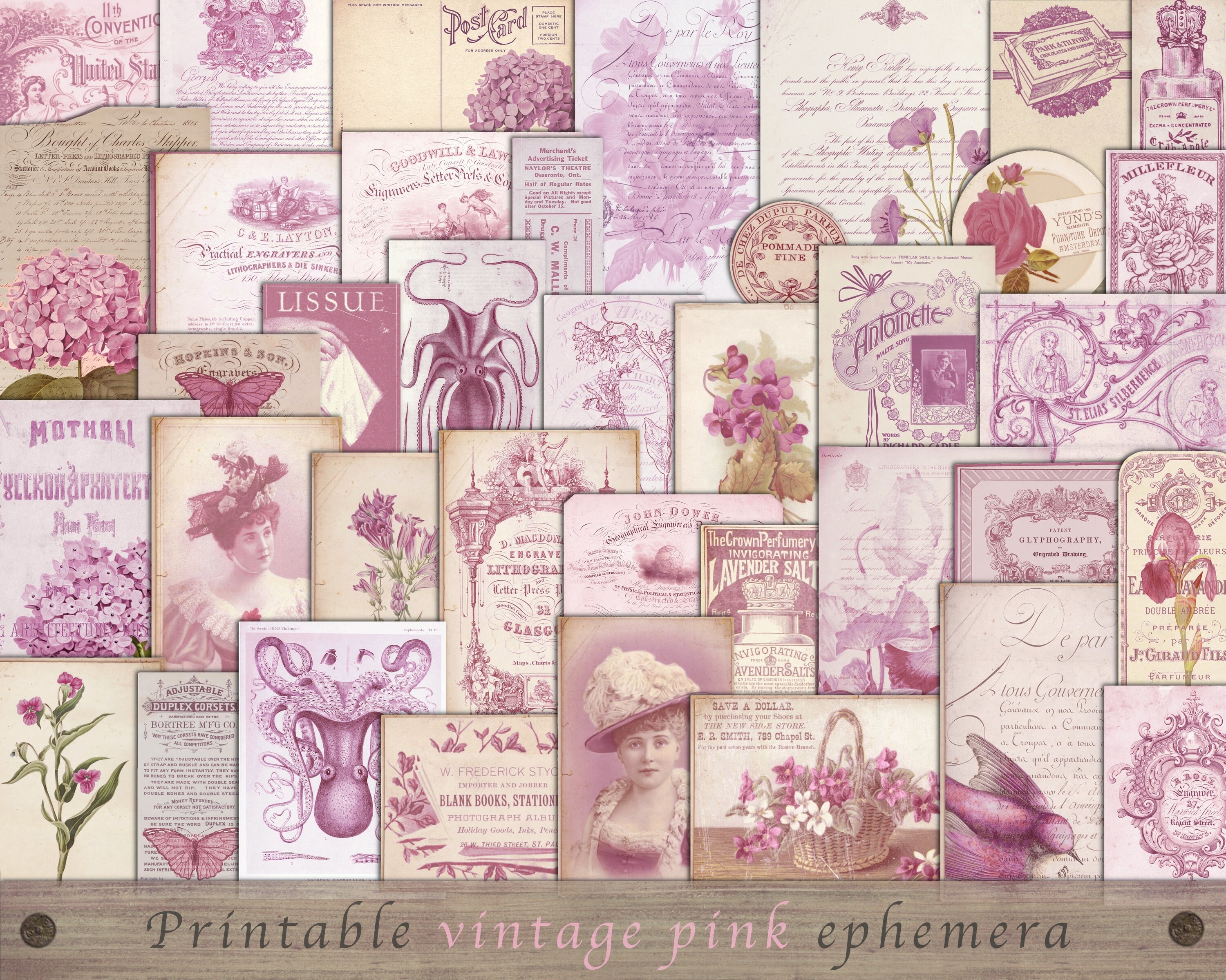 Pink Junk Journal Kit, Pink Ephemera, Vintage, Pink, Collage Sheets ...