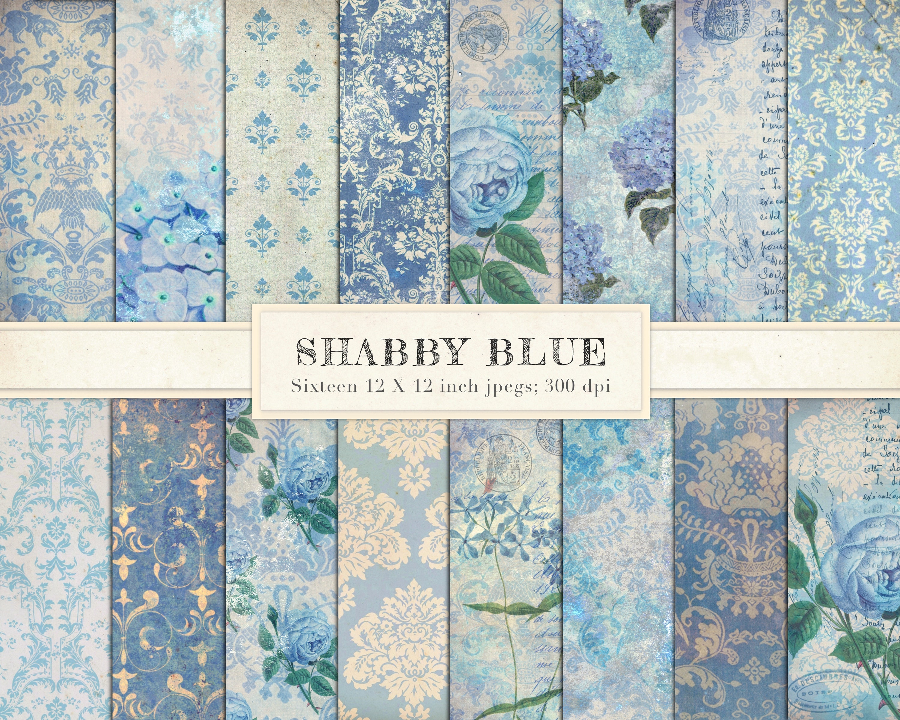 Blue Shabby Chic, Blue Ephemera, Blue Vintage, Digital Paper, Scrapbook ...