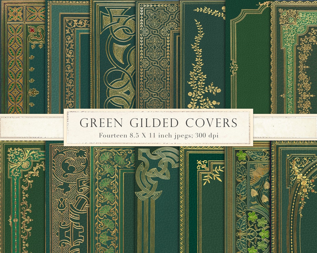 Vintage Green Book Cover, Printable Book Covers, Gold Gilding, Gilded ...