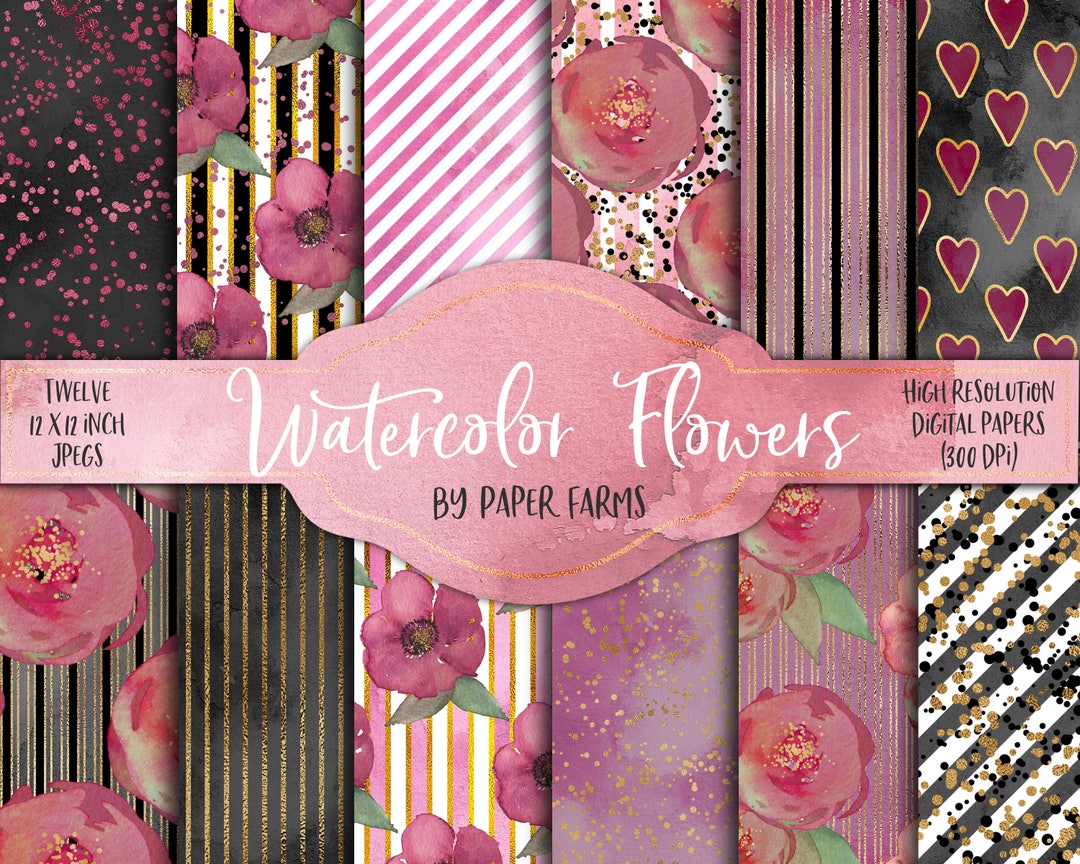 Watercolor Flowers Digital Paper, Watercolor, Floral, Valentine's ...