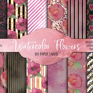 Watercolor Flowers Digital Paper, Watercolor, Floral, Valentine's ...
