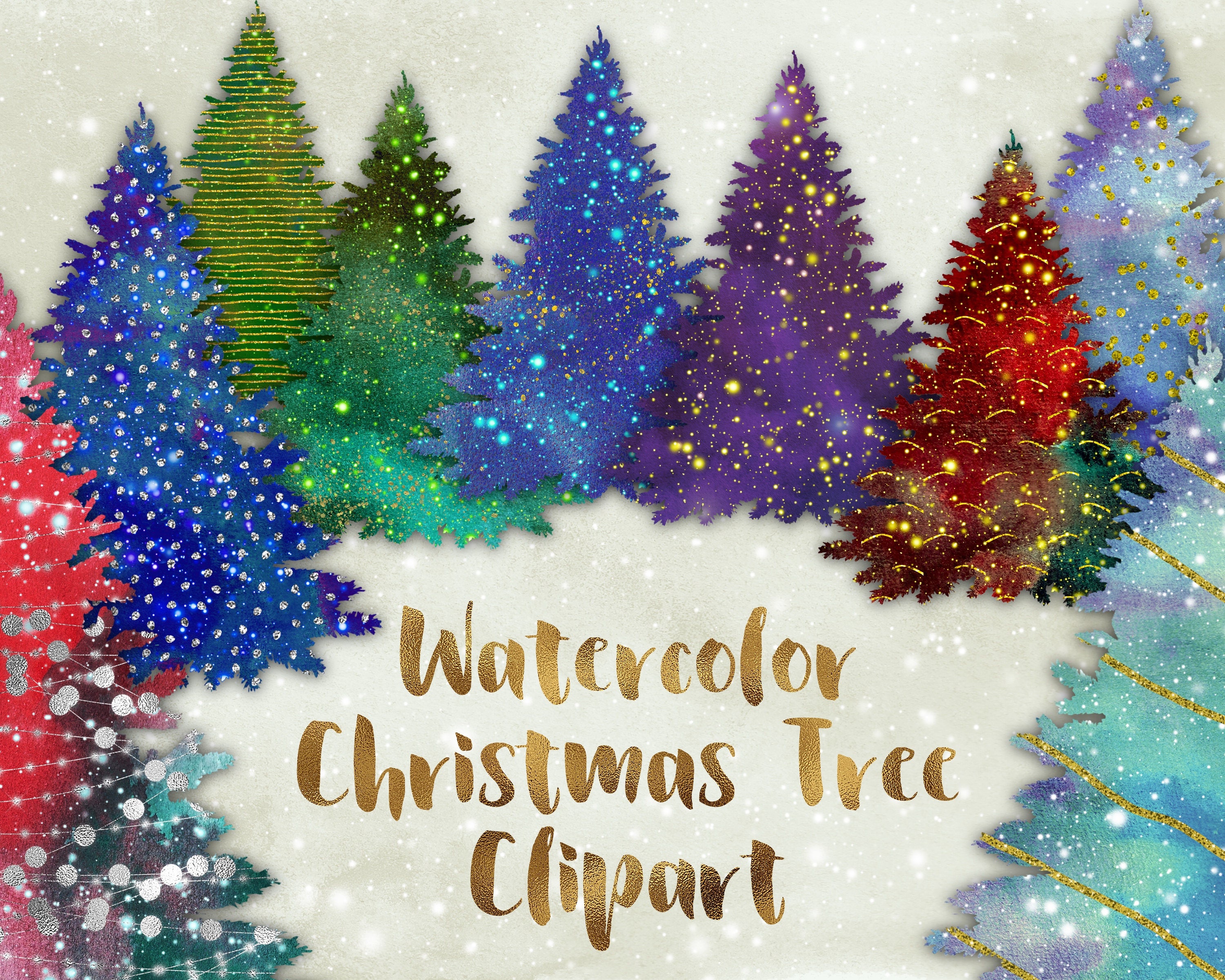 Christmas Tree Clipart Watercolor Christmas Trees Glitter | Etsy
