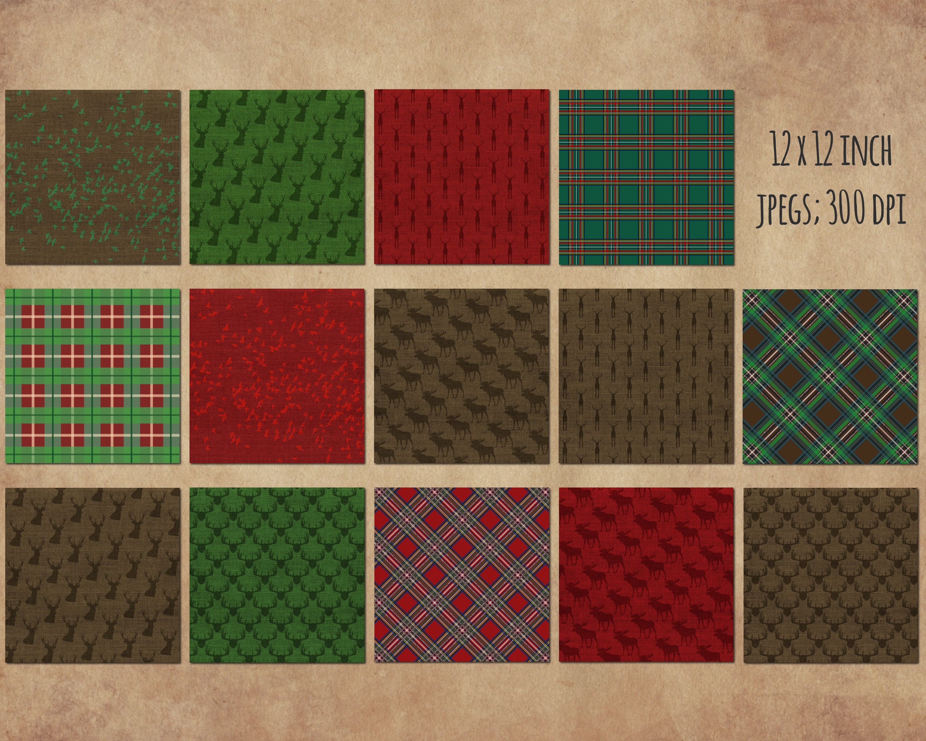 Rustic Christmas Digital Paper Scrapbook Paper Plaid Deer - Etsy