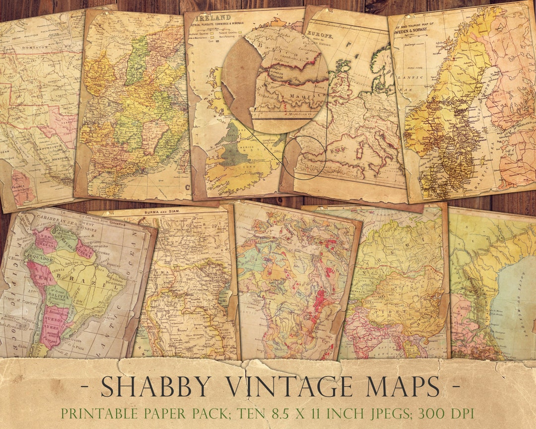 Vintage Maps, Shabby, Torn Maps, Junk Journal, Digital, Paper Pack ...