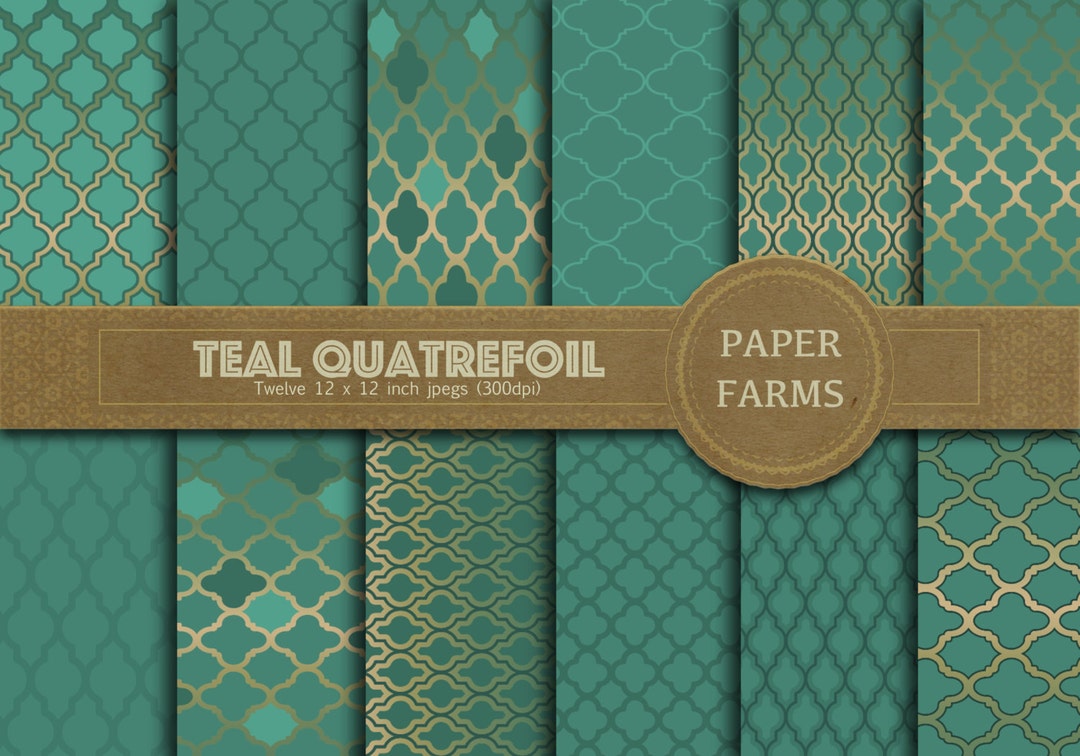 Teal Quatrefoil Digital Paper, Metallic, Teal, Green Quatrefoil ...