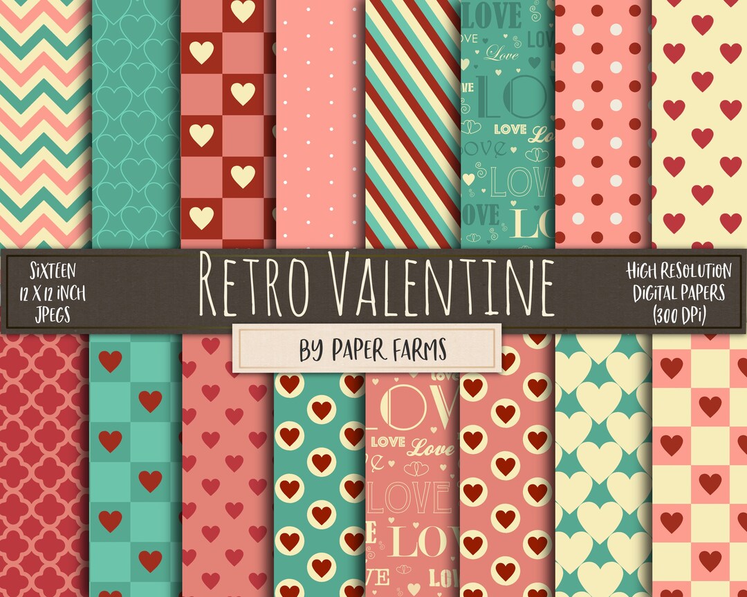 Retro Valentine Digital Paper, Rockabilly Digital Paper, Valentine's ...