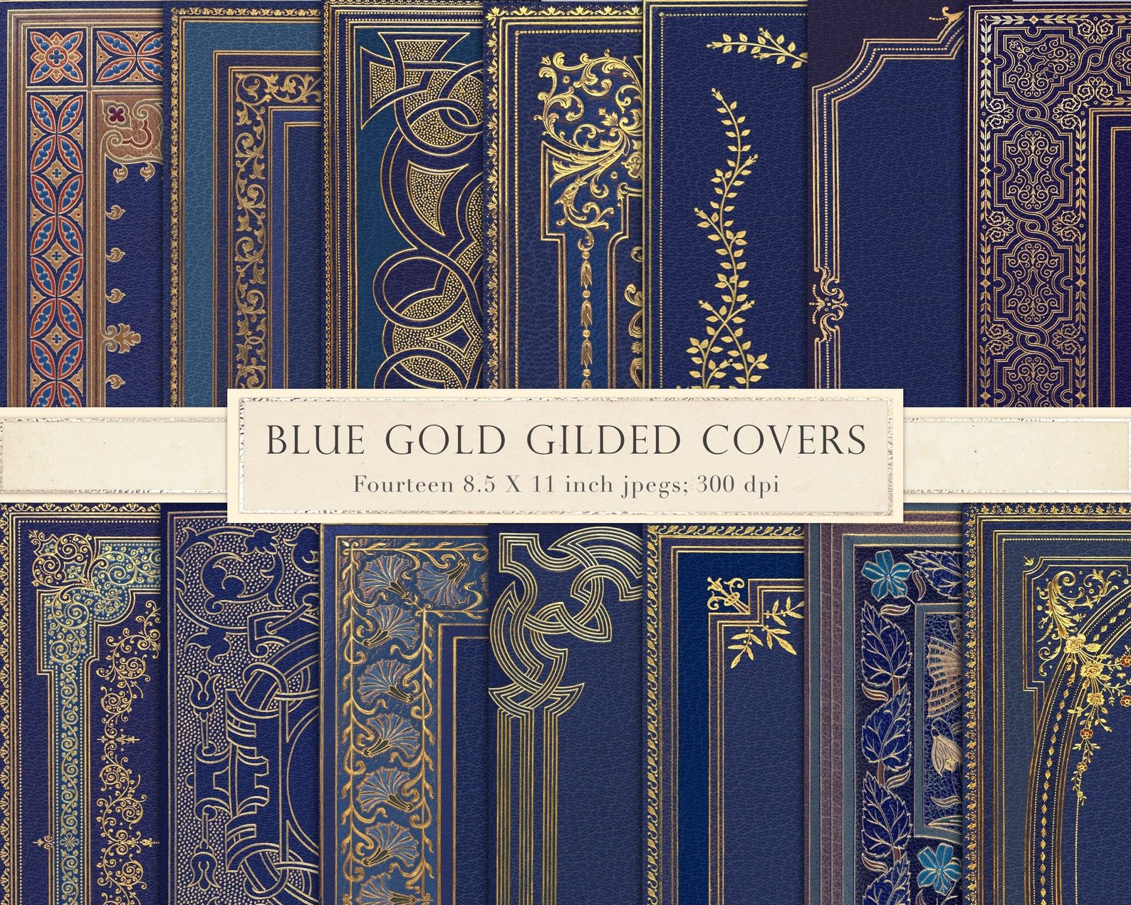 Printable Book Covers, Antique Book Covers, Royal Blue, Gold, Embossed ...
