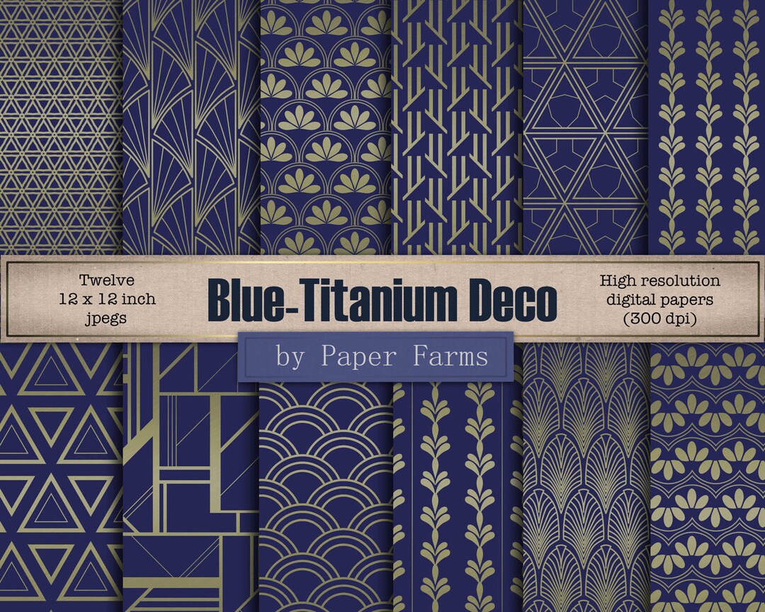 Art Deco Digital Paper, Art Deco Scrapbook Paper, Blue, Titanium ...