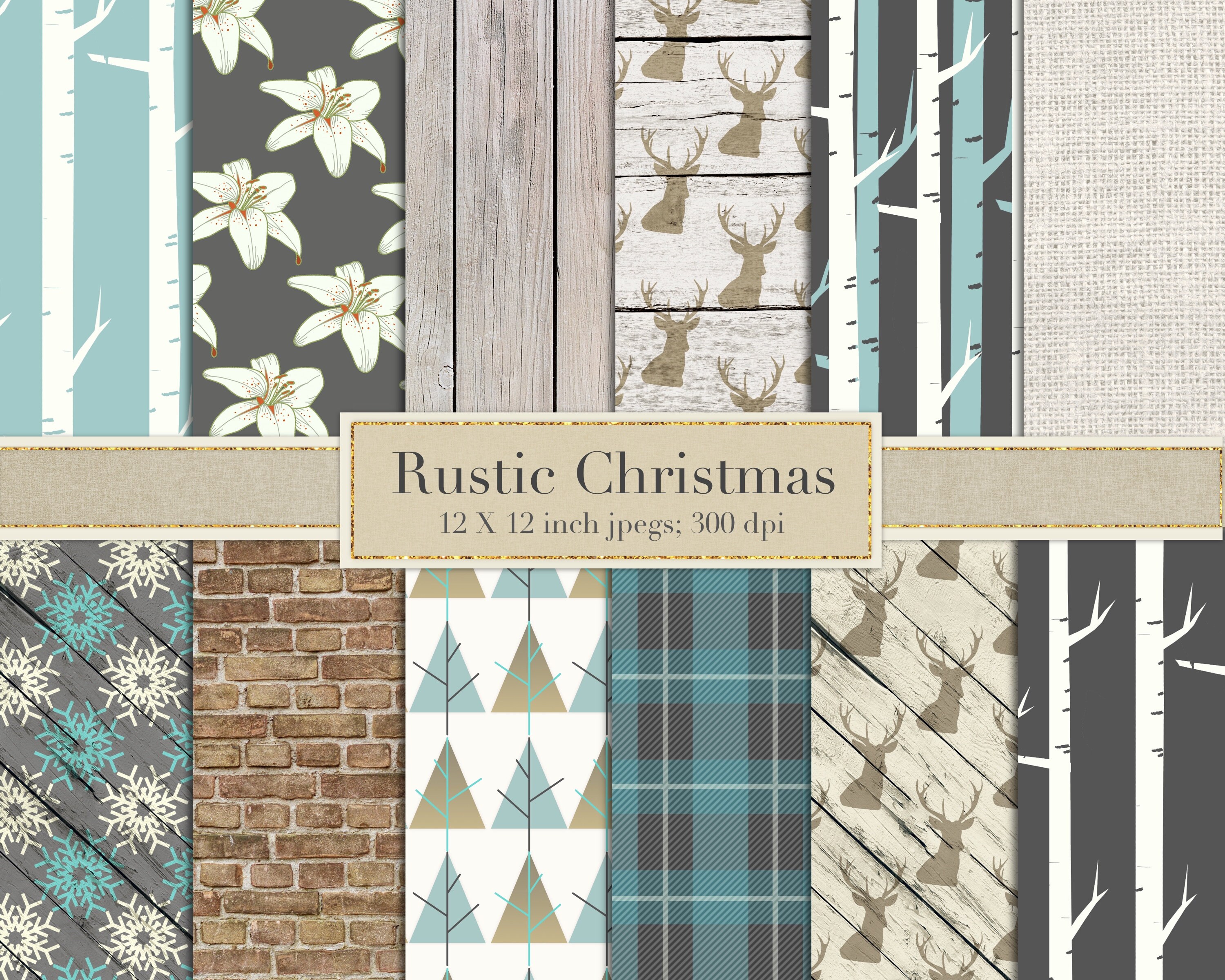 Teal Christmas, Rustic Christmas, Digital Paper, Scrapbook Paper, Gold ...