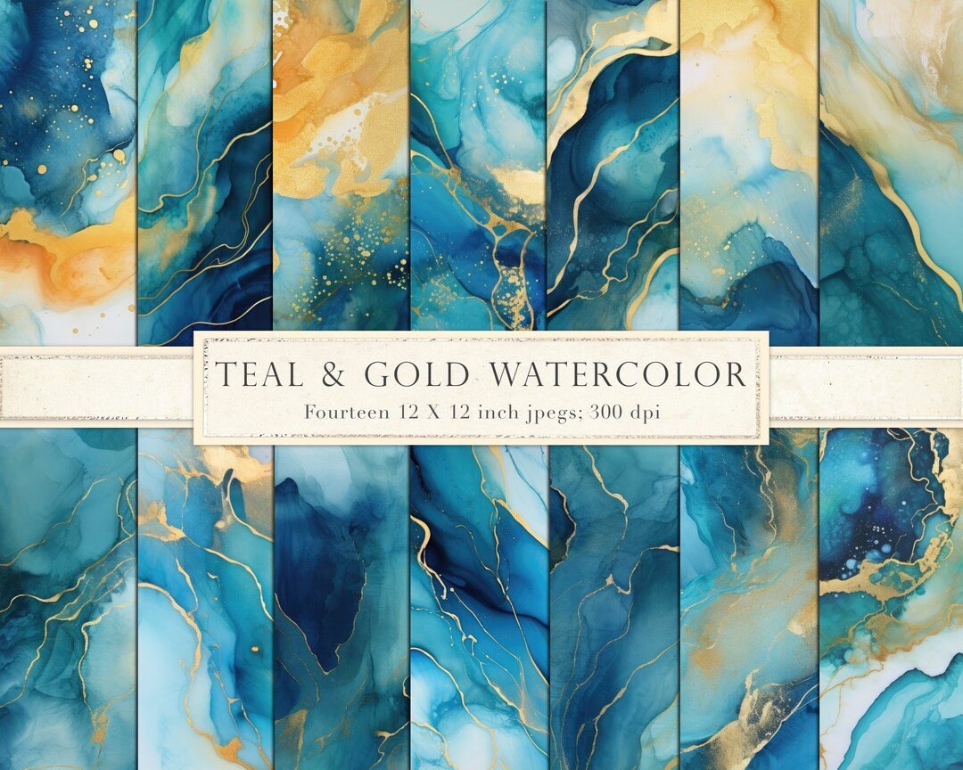 Teal and Gold Watercolor, Digital Paper, Scrapbook Paper, Aqua ...