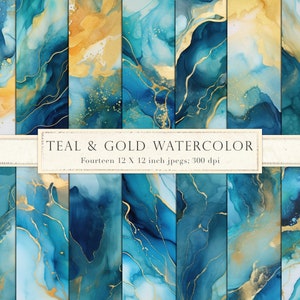 Teal and Gold Watercolor, Digital Paper, Scrapbook Paper, Aqua ...