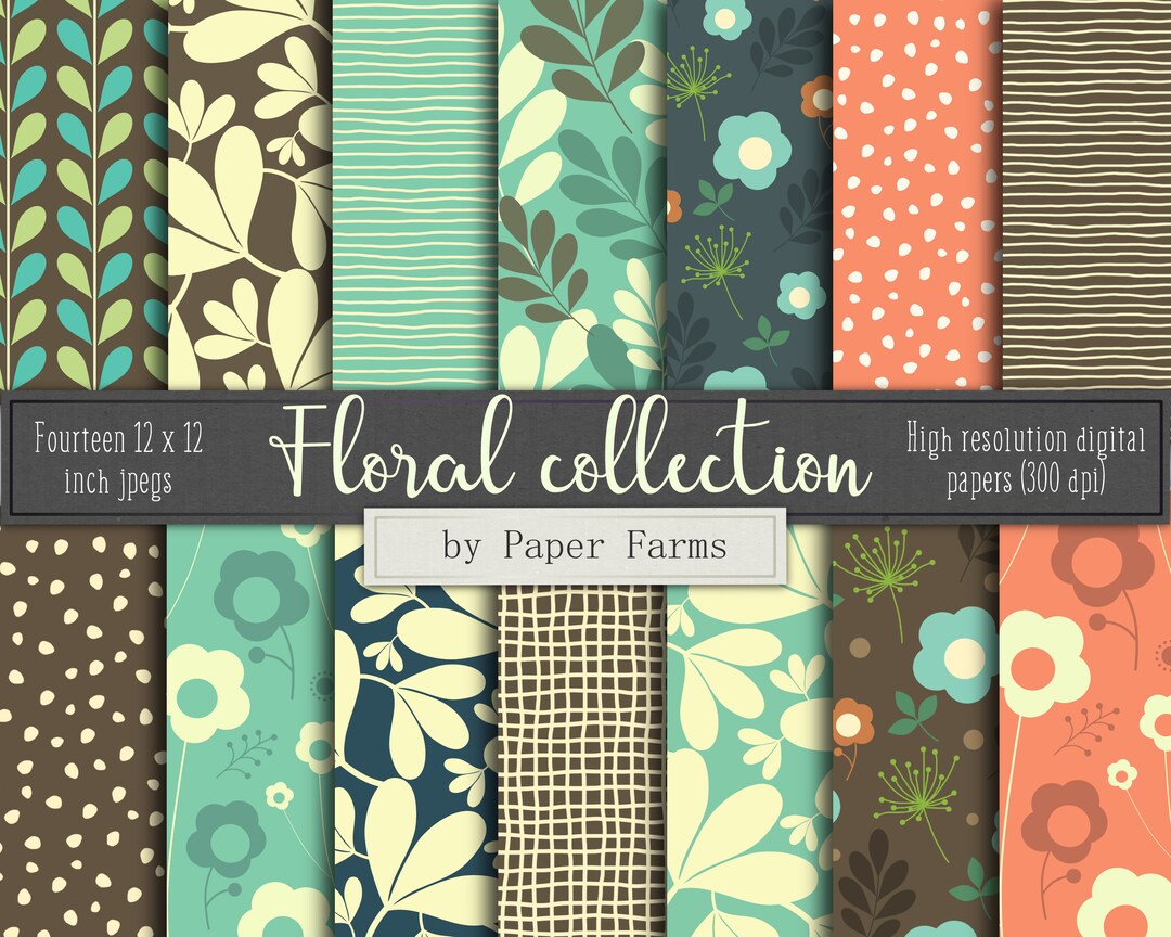 Floral Digital Paper, Flower Digital Paper, Coral, Teal, Brown, Earth ...