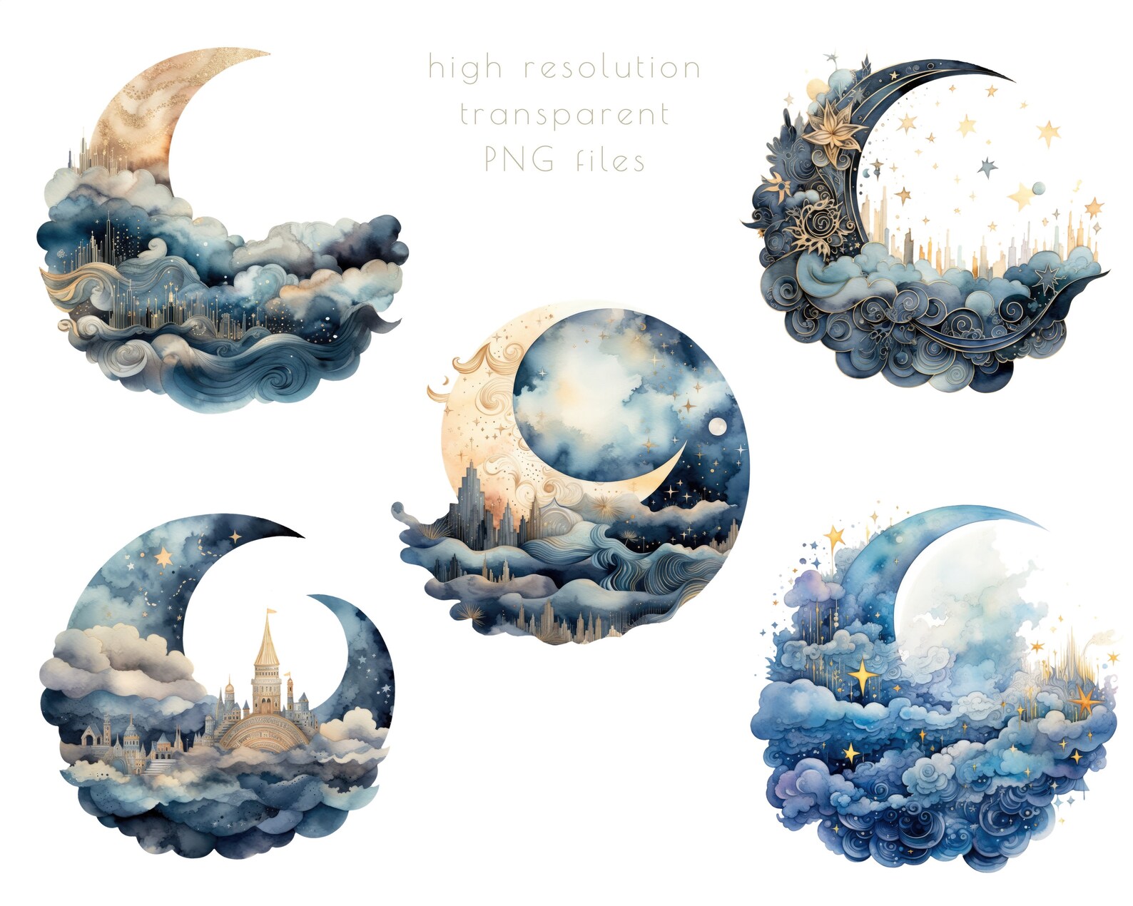 Celestial Clipart, Moon Clipart, Fantasy Clipart, Night Sky, Gold Stars ...