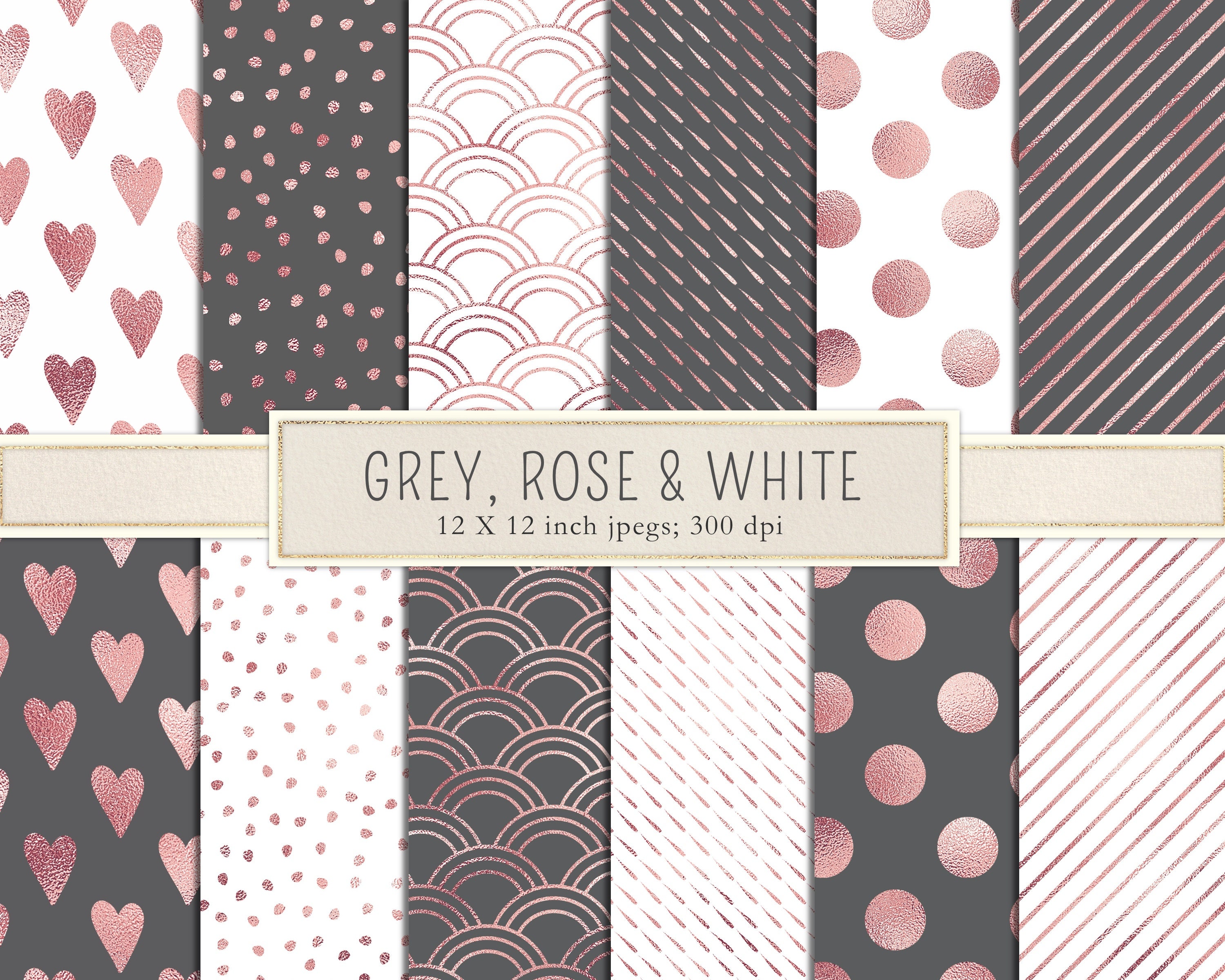 Rose Gold Patterns, Printable, Digital Paper, Scrapbook Paper, Grey ...