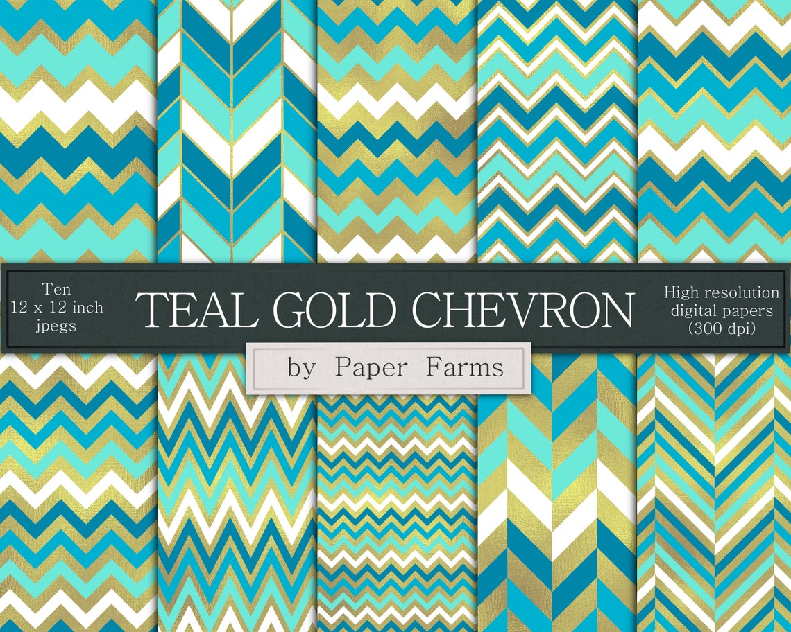 Teal Gold Chevron Digital Paper Scrapbook Paper Chevron | Etsy