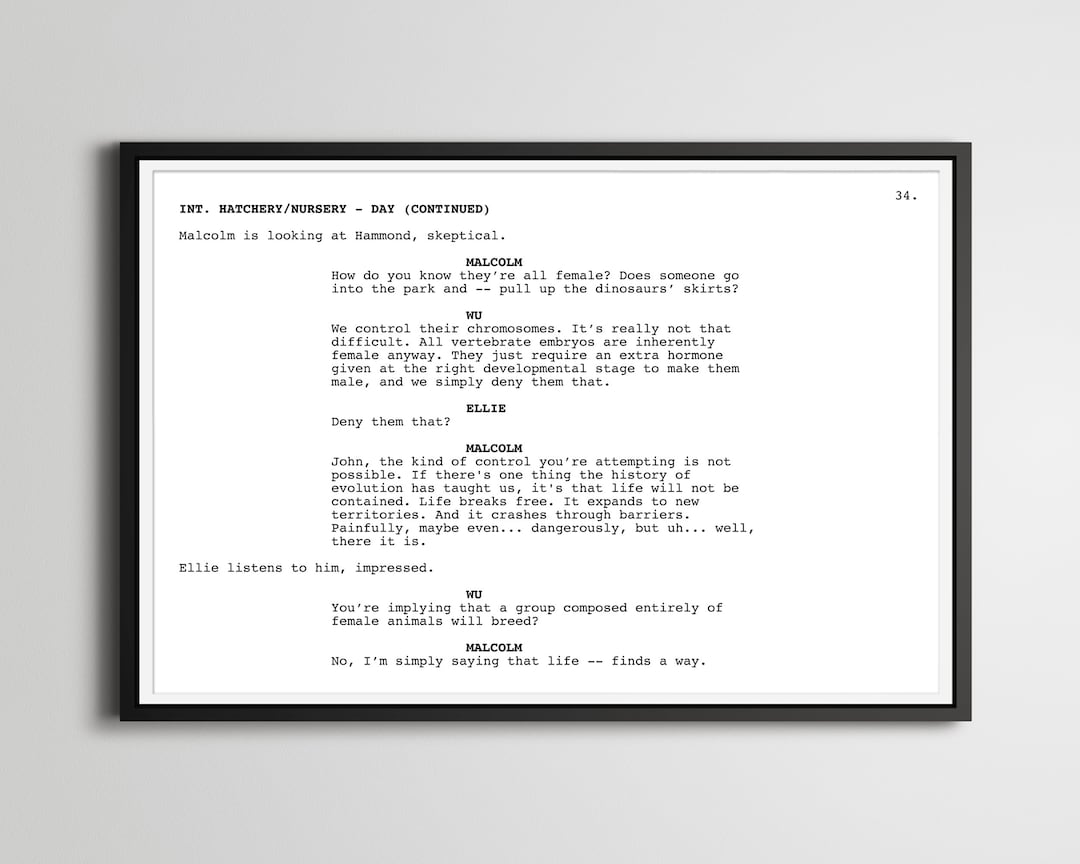 Jurassic Park"life Finds a Way" Screenplay POSTER! (up to 24" X 36 ...
