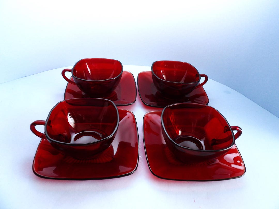 Anchor Hocking Square, ROYAL RUBY Group of 4 Cups and Saucers. - Etsy