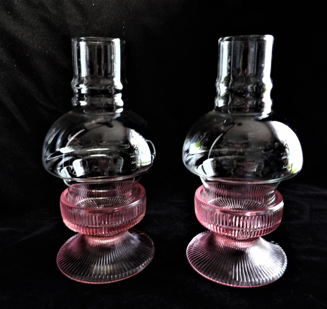 LE Smith Glass Company Pair of Hurricane Lamps Glass Act Pattern Number ...