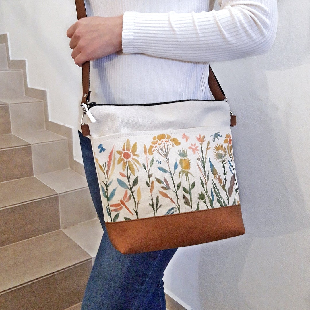 Floral Canvas Crossbody Bag, Medium Hobo Purse, Handmade Flowers Print ...