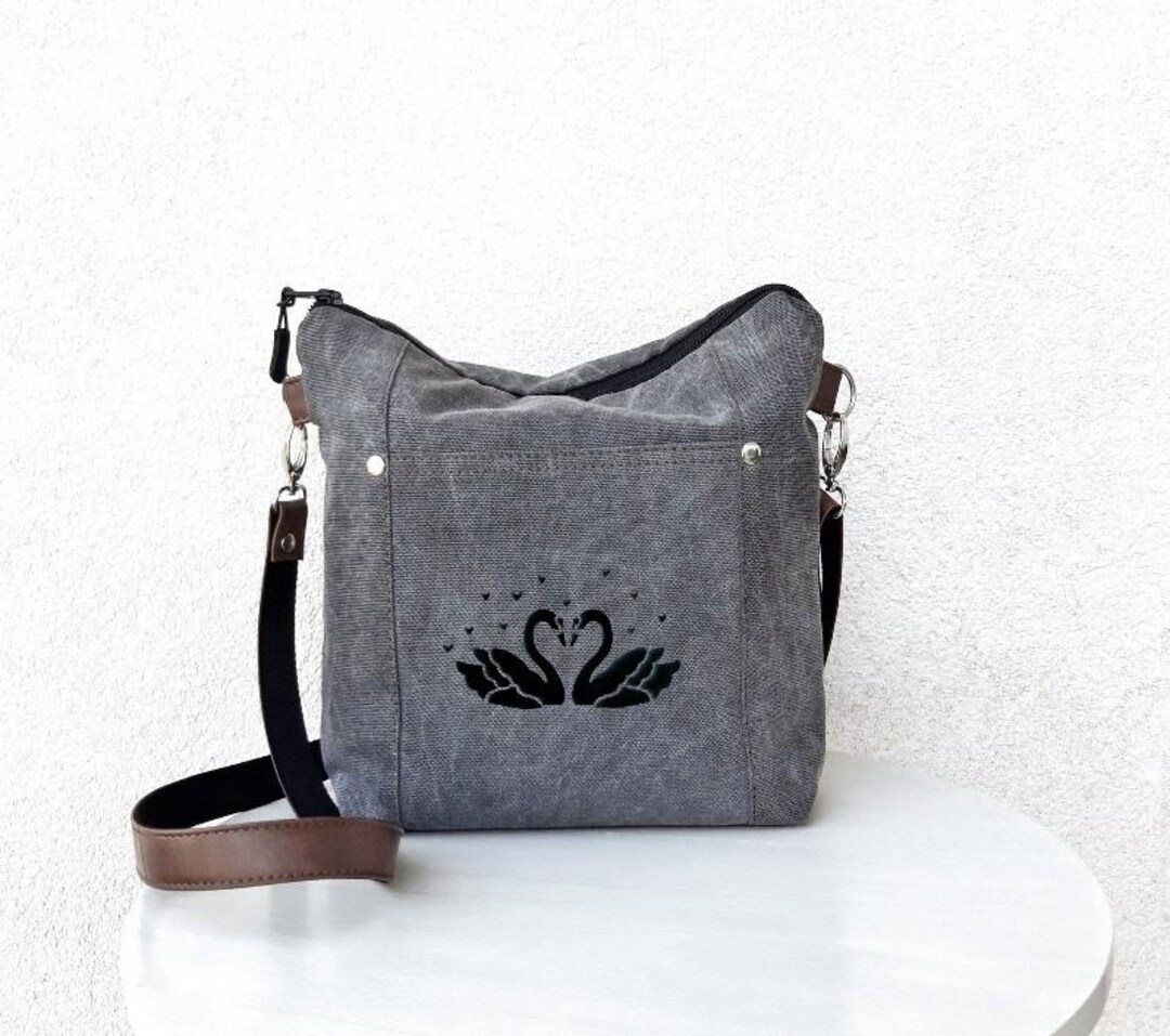 Personalized Crossbody Bag, Choose Handmade Print, Small Gray Canvas ...