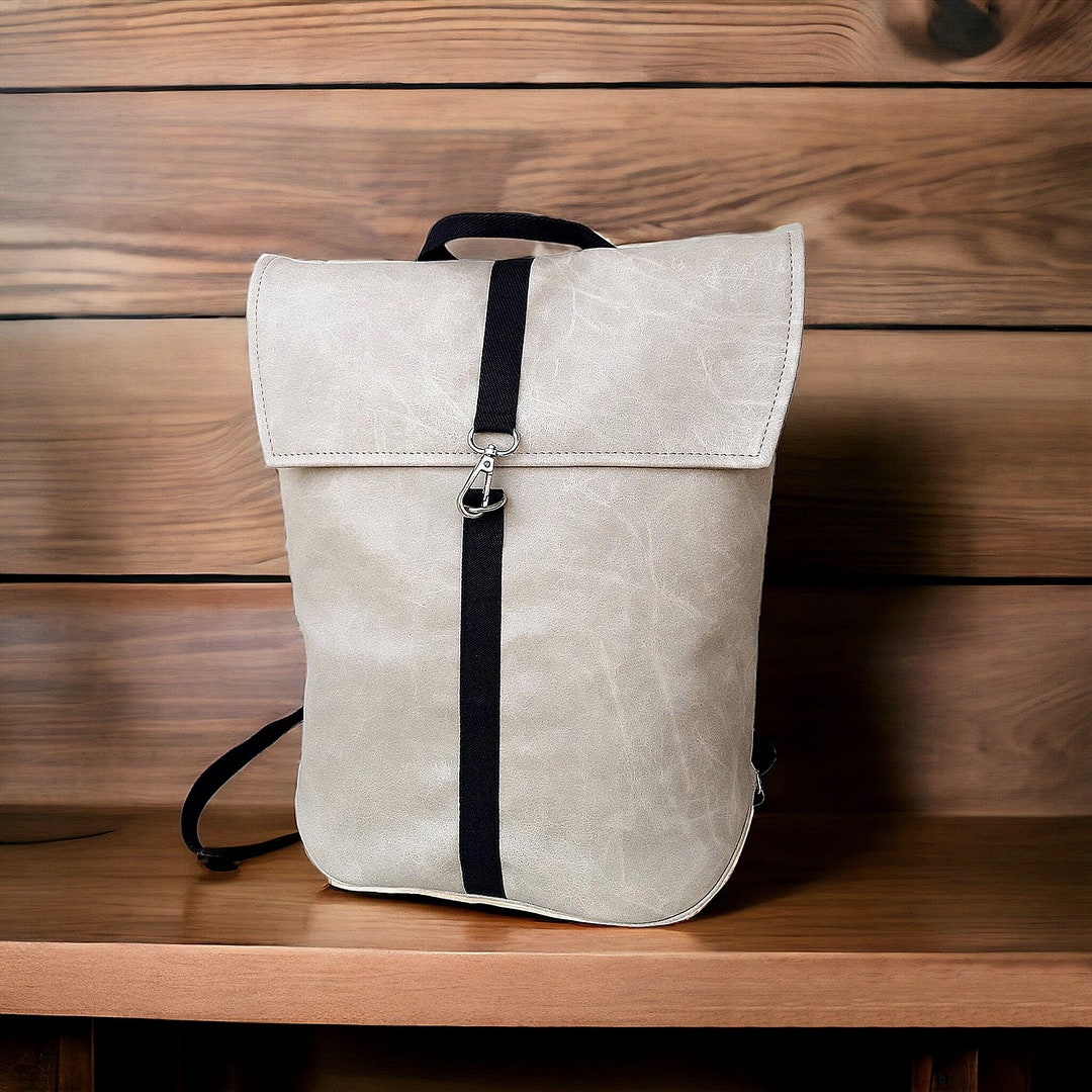 Women Slim Backpack Leather Gray White-vanilla Black - Etsy
