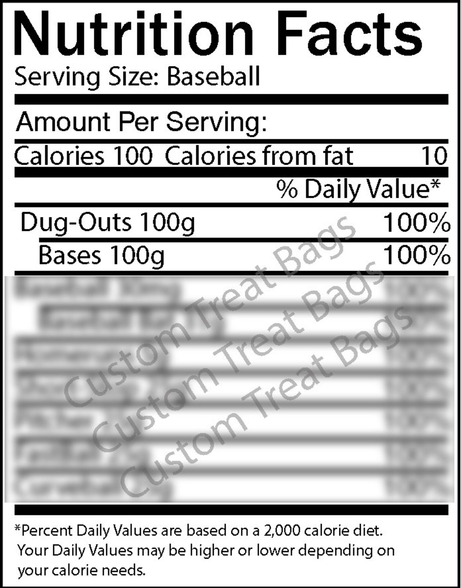 Baseball Nutrition Facts Label: for Custom Chip /treat Bags /candy Bar ...