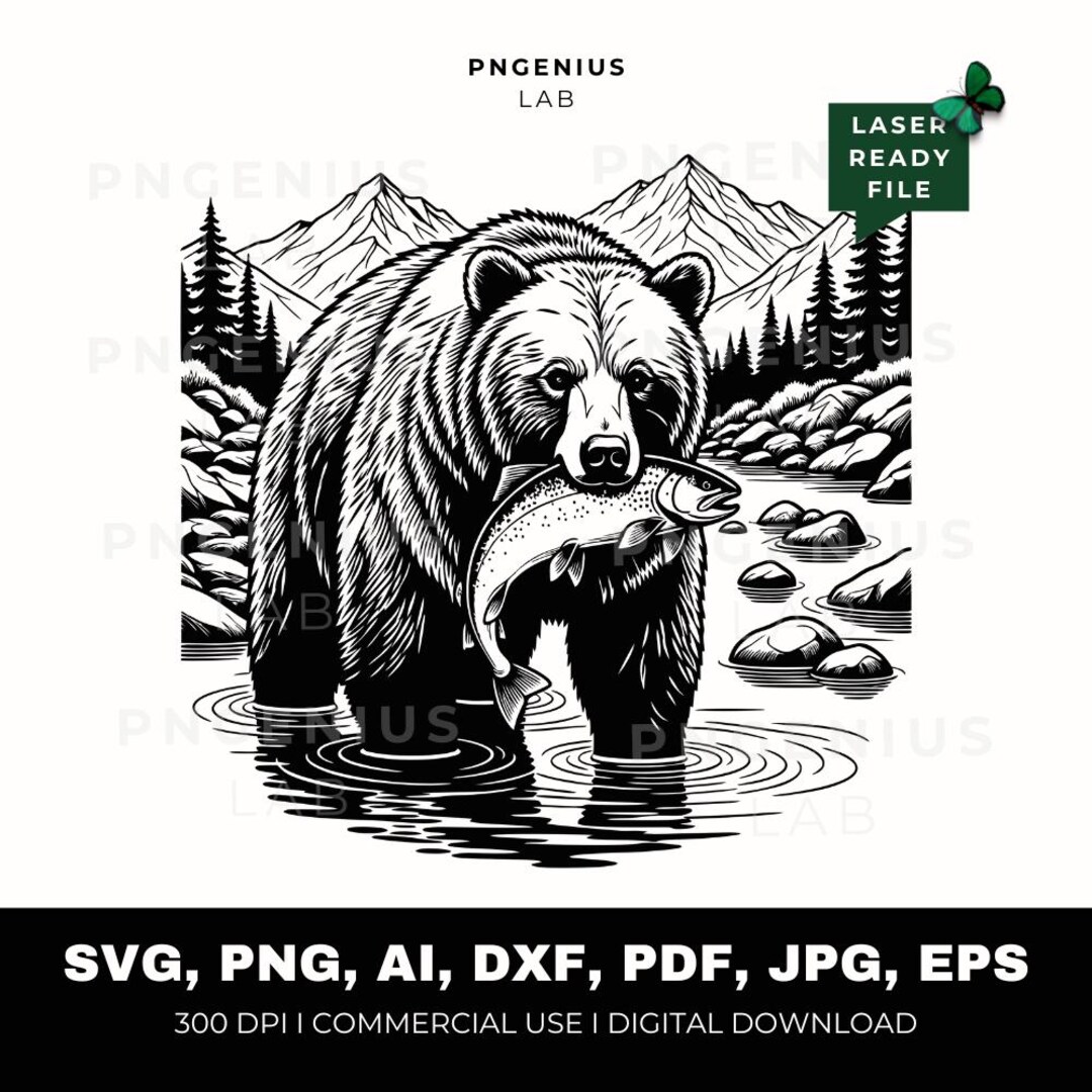 Bear With Fish SVG, PNG, DXF, Vector Autocad Laser Cut File, Bear River ...