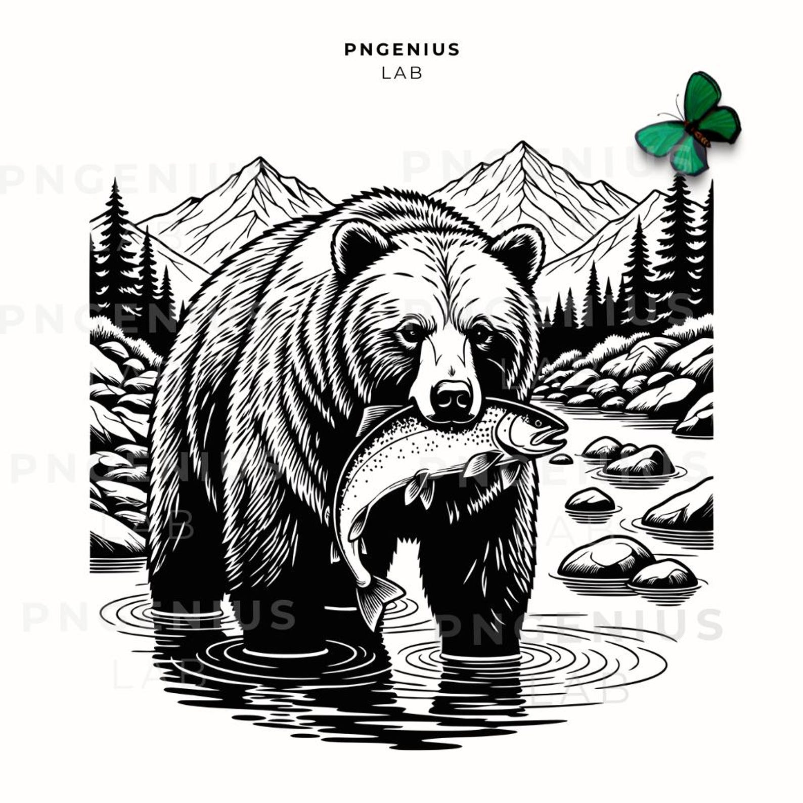 Bear With Fish SVG, PNG, DXF, Vector Autocad Laser Cut File, Bear River ...