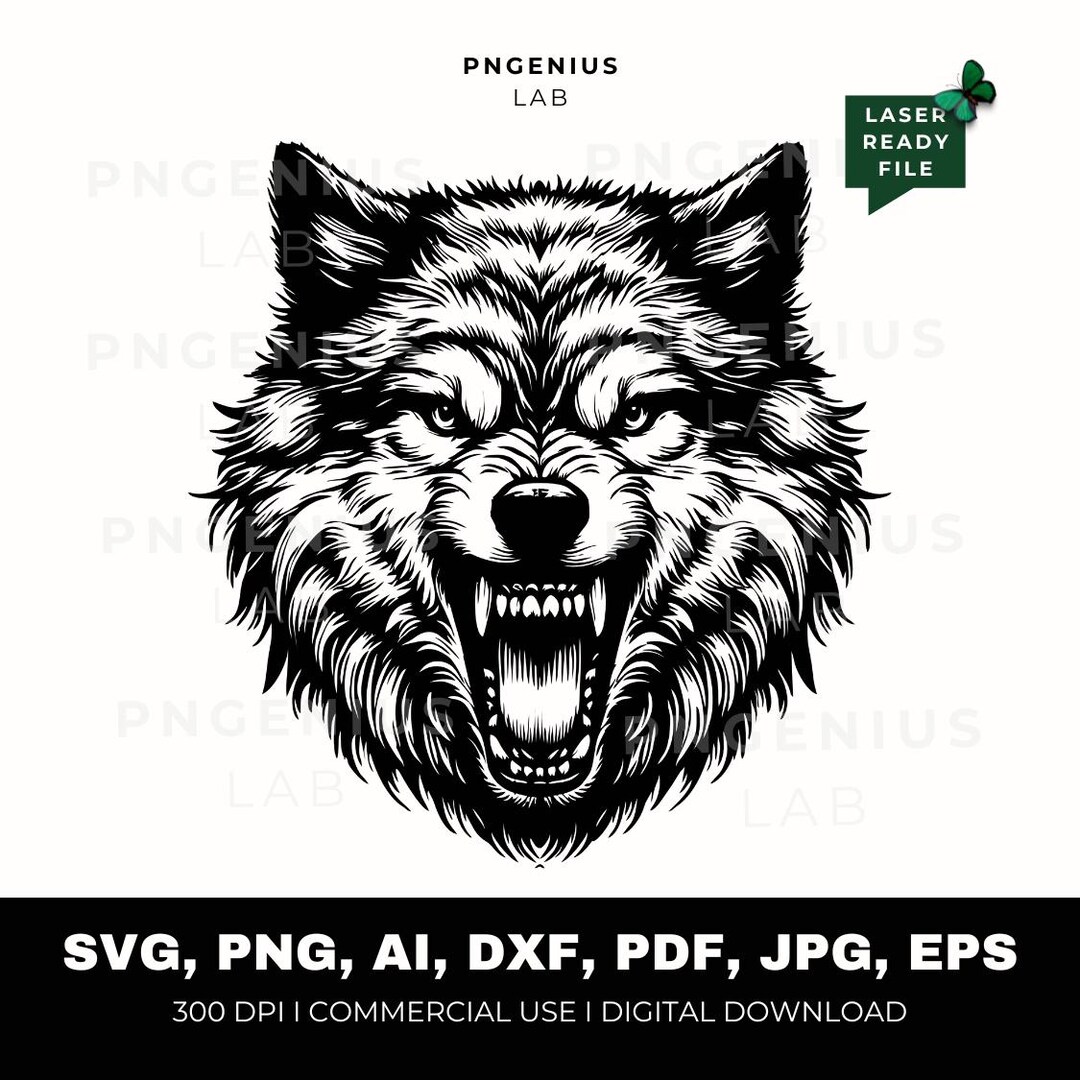 Growling Wolf SVG, PNG, DXF, Detailed Wolf Laser Cut File, Growling ...