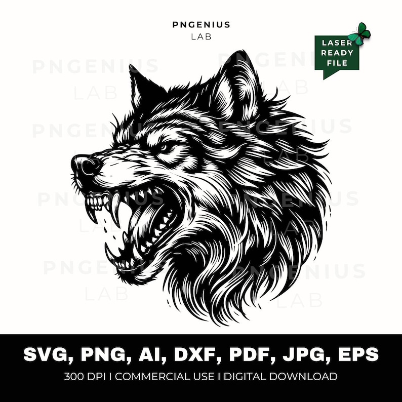 Fierce Wolf SVG, PNG, DXF, Angry Wolf Laser Cut File, Growling Wolf ...
