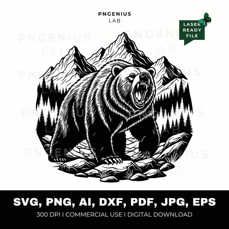 Wild Bear SVG, PNG, DXF, Bear Vector Autocad Laser Cut File, Growling ...