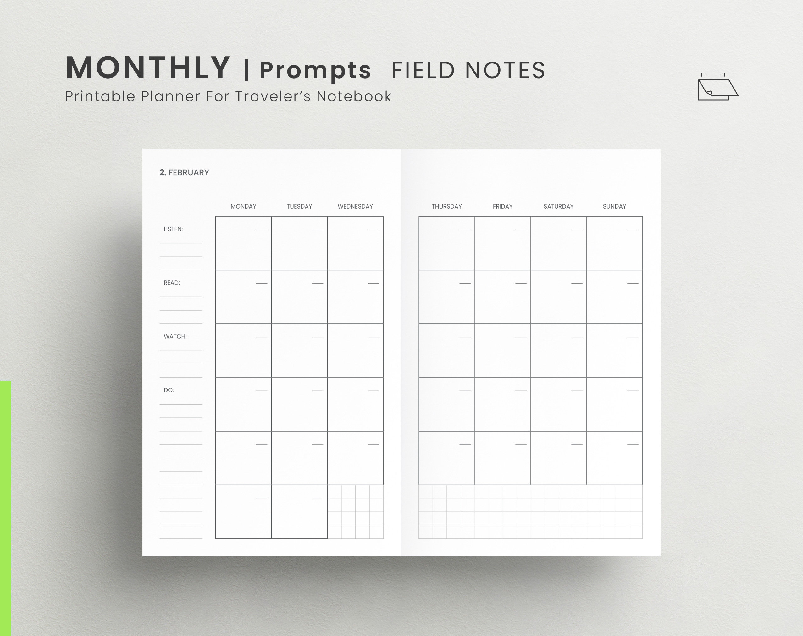 Monthly Field Notes TN Planner Insert, Undated Month on Two Pages ...