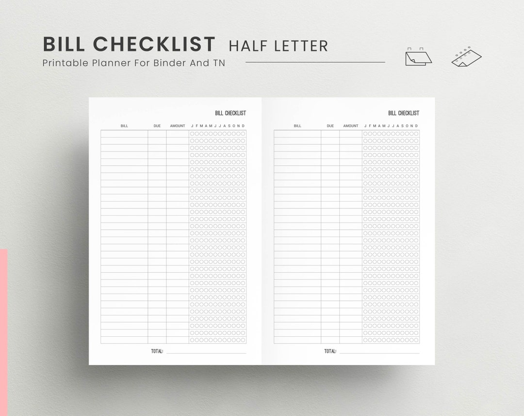 Bill Checklist Half Letter Planner Insert, Fixed Expense Tracker ...