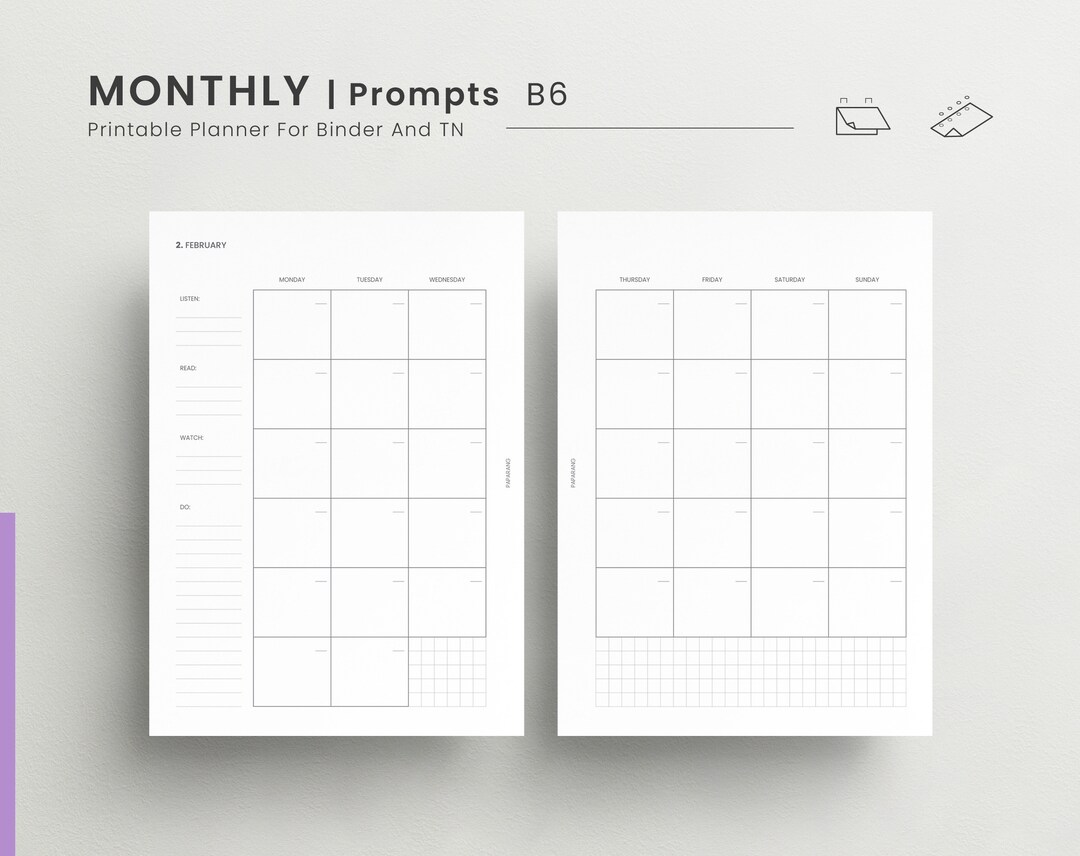 Monthly B6 Planner Insert, Undated Month on Two Pages Monday Start ...