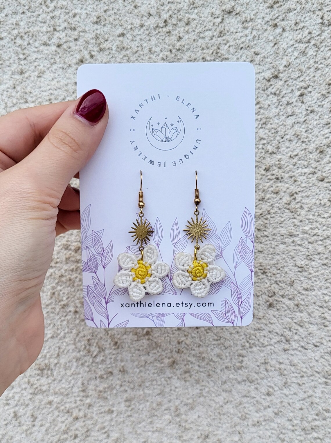 Macrame Daisy Flower Earrings With Sun Charms, Sun Flower Celestial ...