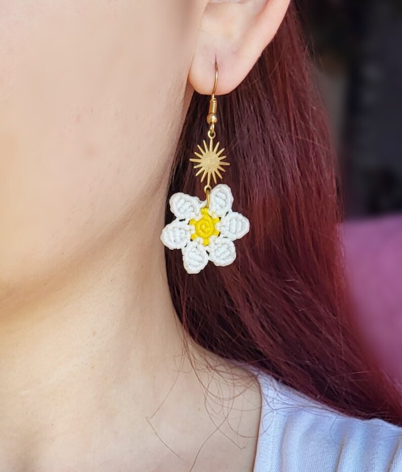 Macrame Daisy Flower Earrings With Sun Charms, Sun Flower Celestial ...