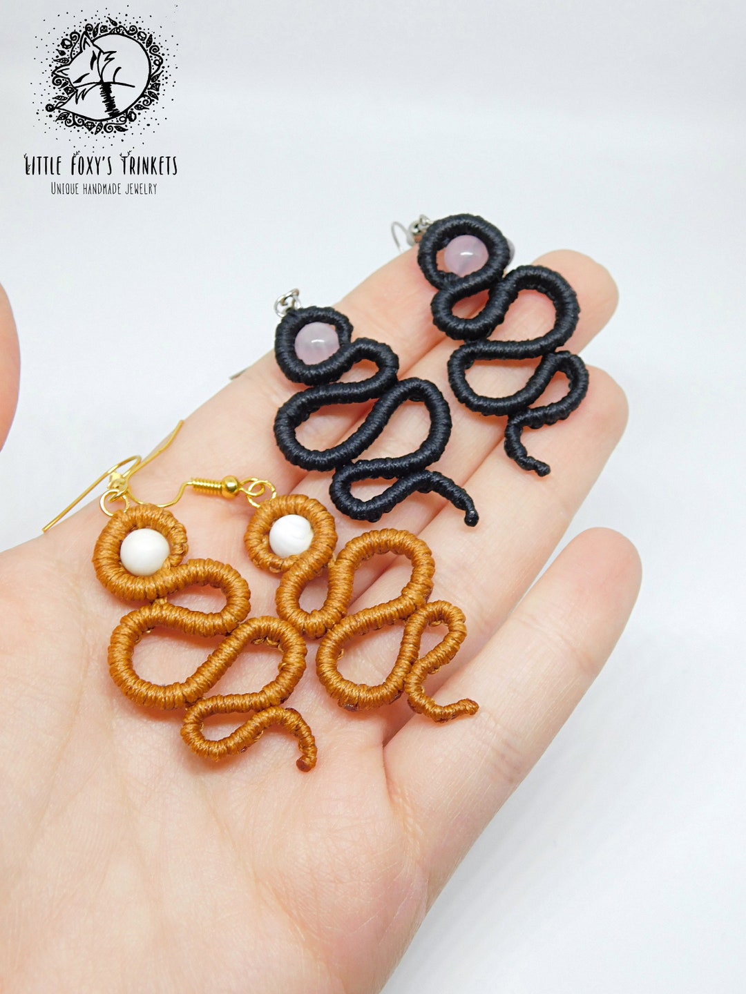 Macrame Snake Earrings With Gemstones, Beaded Small Snake Woven ...
