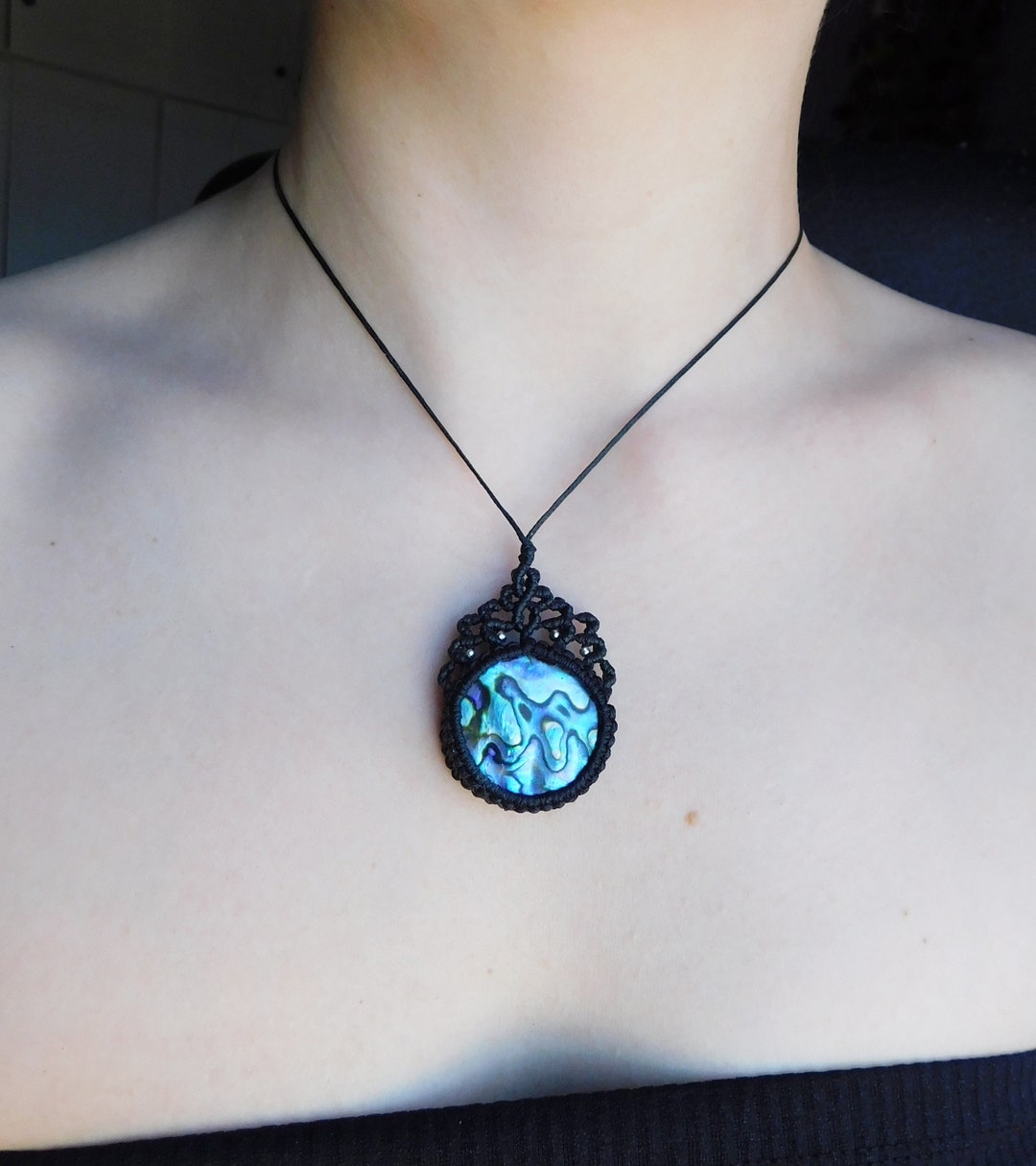 Abalone Shell Macrame Pendant, Black Macrame Choker With Abalone ...